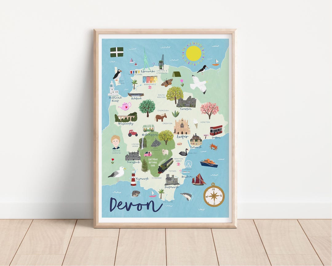 Devon Map Art Print - Map of Devon - Devon Illustrated Map ...