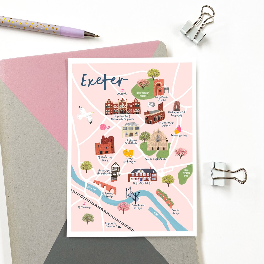 Exeter Map Postcard Map of Exeter Postcard Illustrated Exeter Map Devon ...