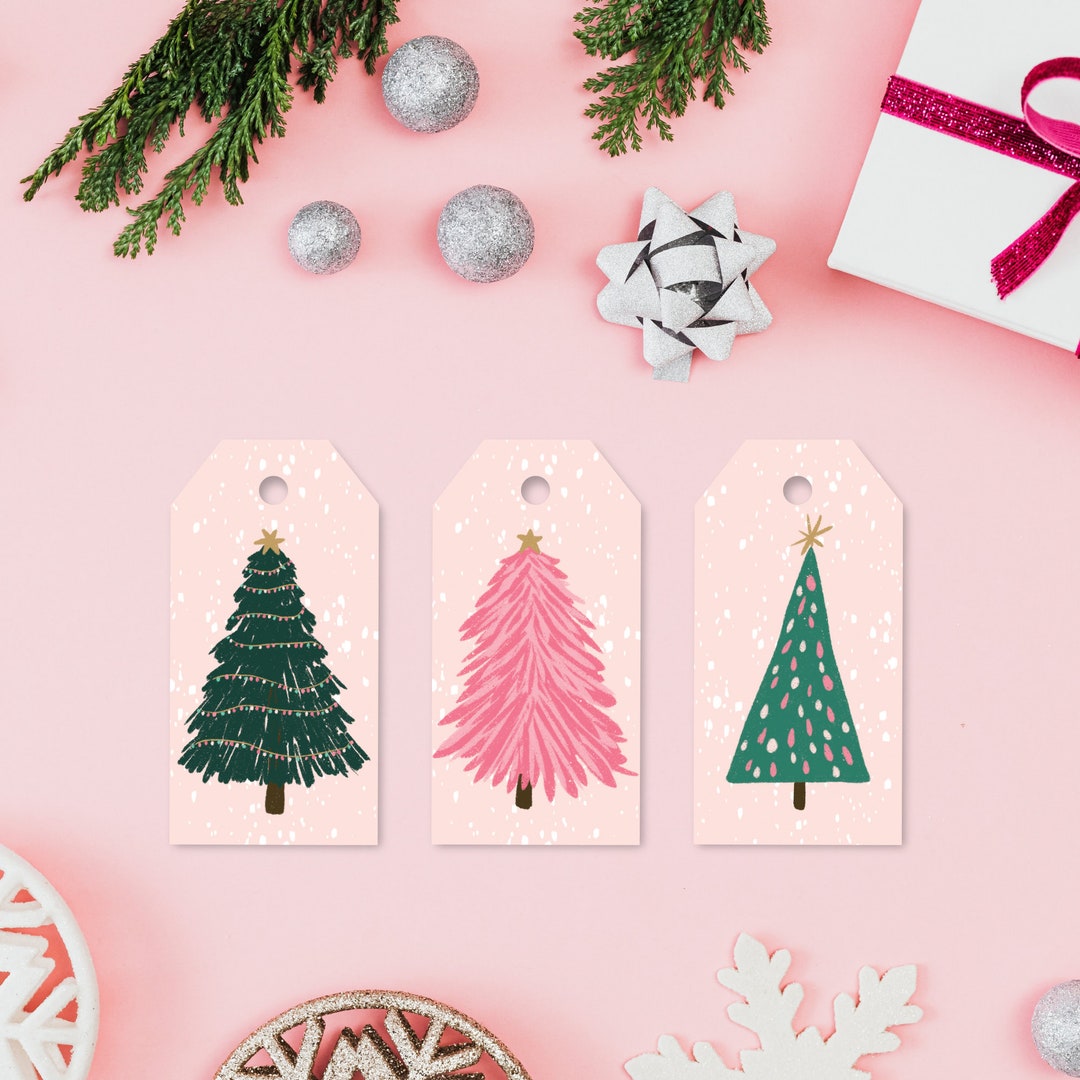 Pink Christmas Trees Gift Tags Set of 3 Gift Tags Xmas Tree Gift Tags ...