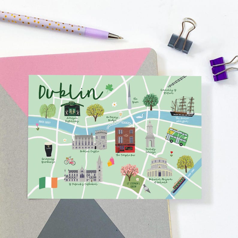 Dublin Map Postcard - Map of Dublin Postcard - Illustrated Dublin Map ...