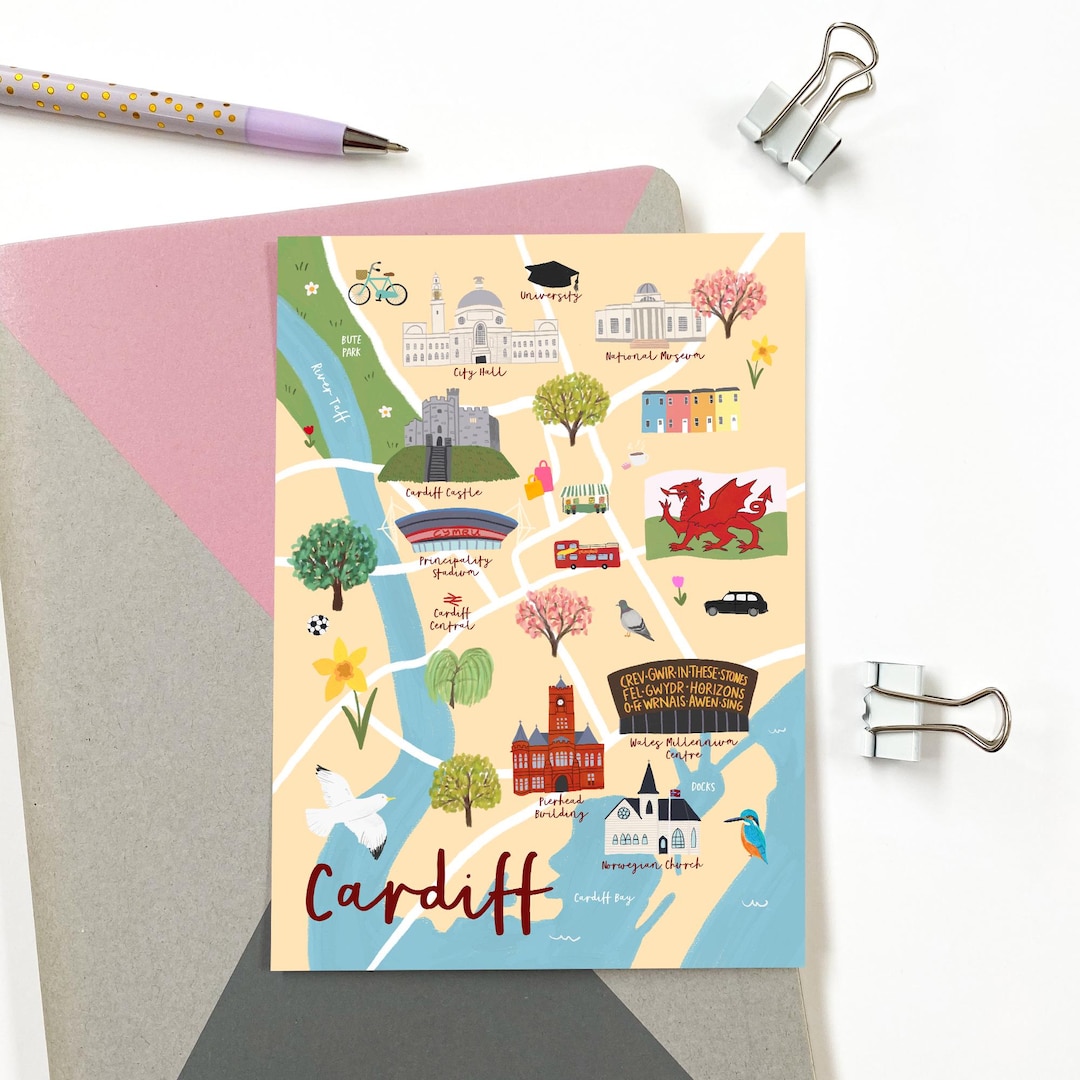 Cardiff Map Postcard - Illustrated Map - Map of Cardiff - Cardiff Map ...