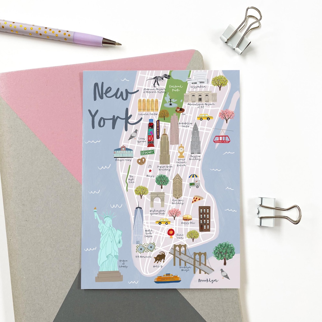 New York Map Postcard - New York Illustrated Map - New York City Map ...