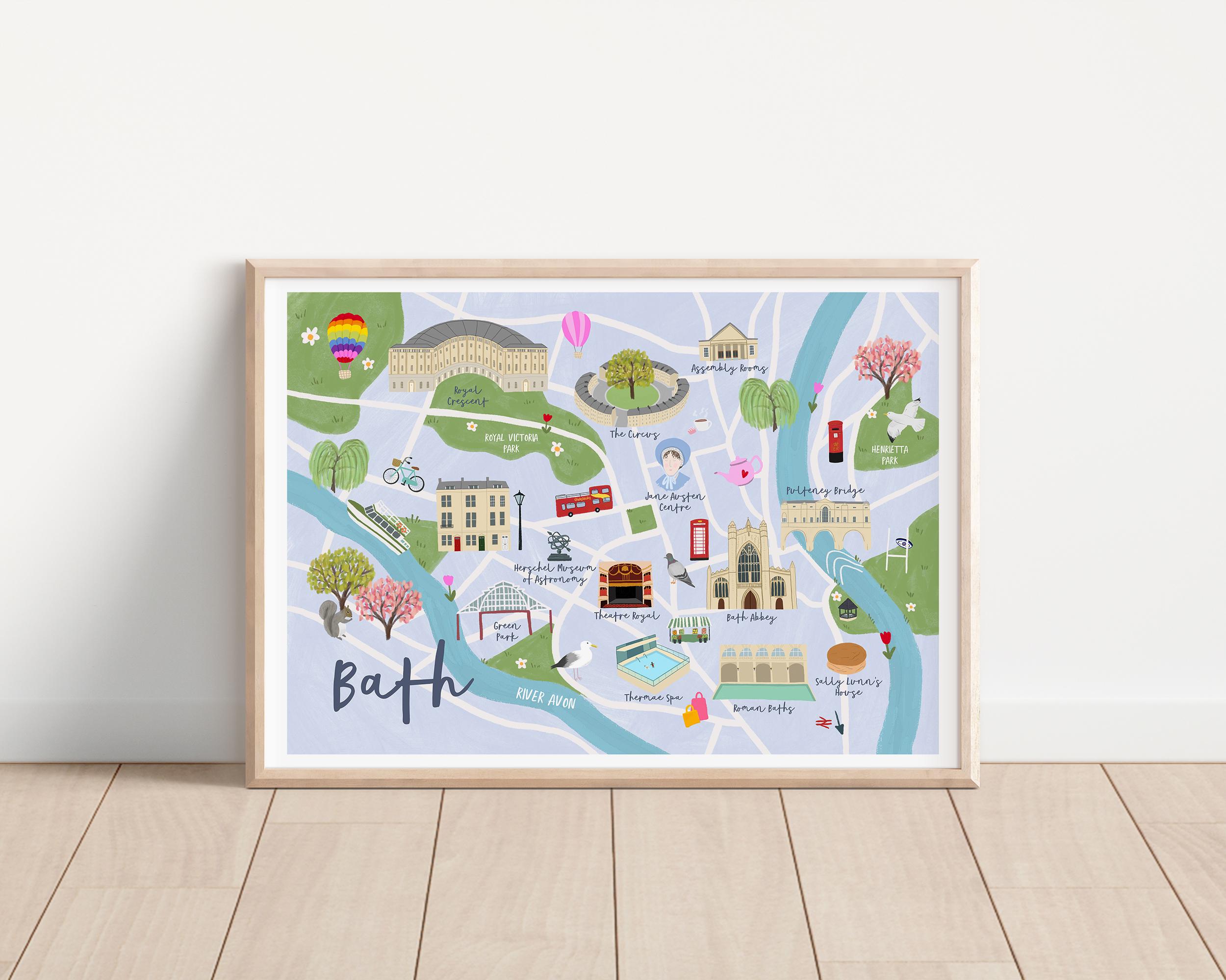 Bath Illustrated Map - Bath Tourist Map - Bath Landmarks Illustration ...