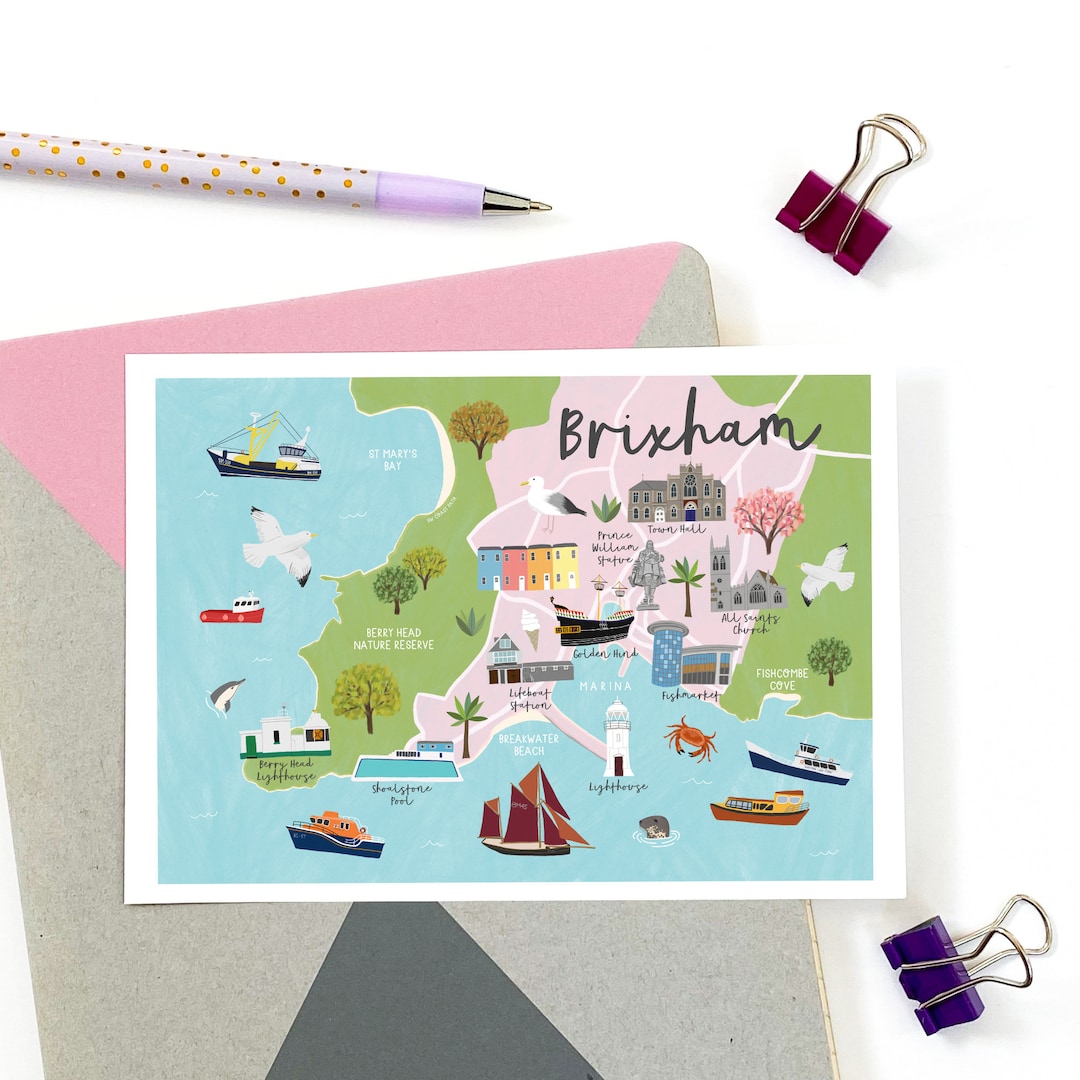 Brixham Map Postcard - Illustrated Map - Map of Brixham - Devon Map ...