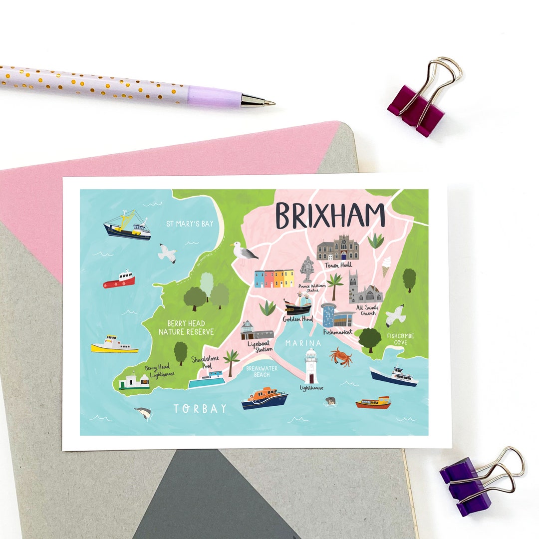 Brixham Map Postcard Illustrated Map Map of Brixham Devon Map Postcard ...