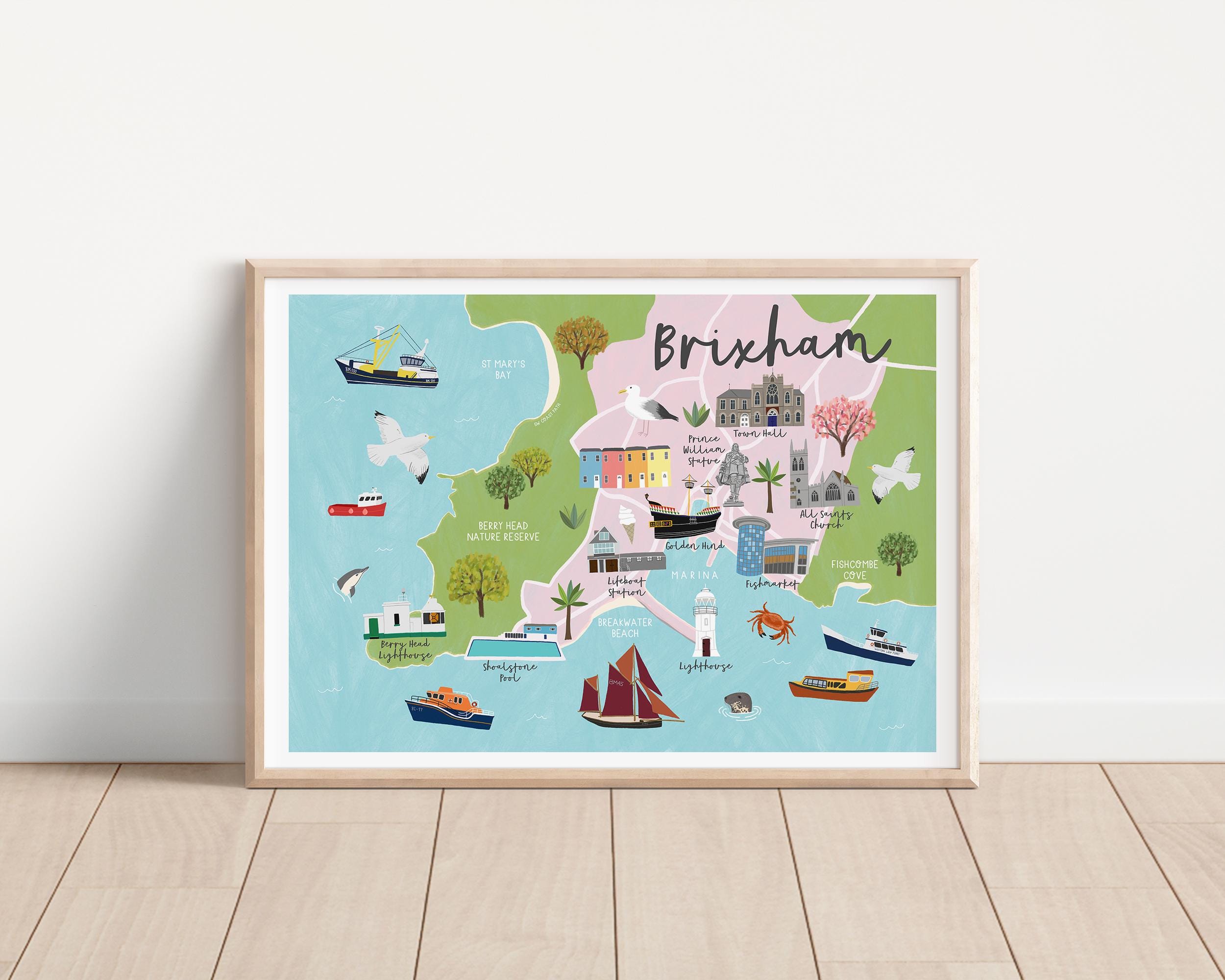 Brixham Map - A4 Print - Map of Brixham - Devon Town Map - Illustrated ...