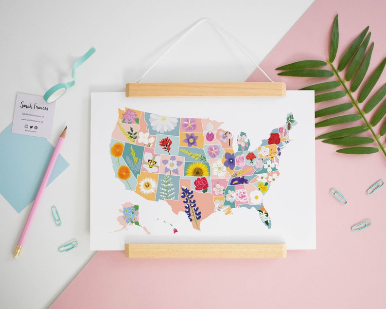 State Flower Map Print US State Flowers Art Print United | Etsy