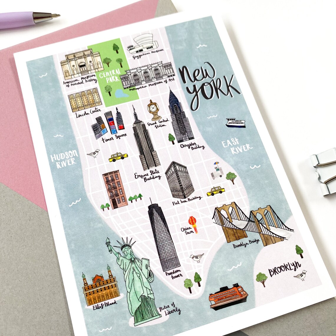 New York Map Postcard New York Illustrated Map Hand - Etsy