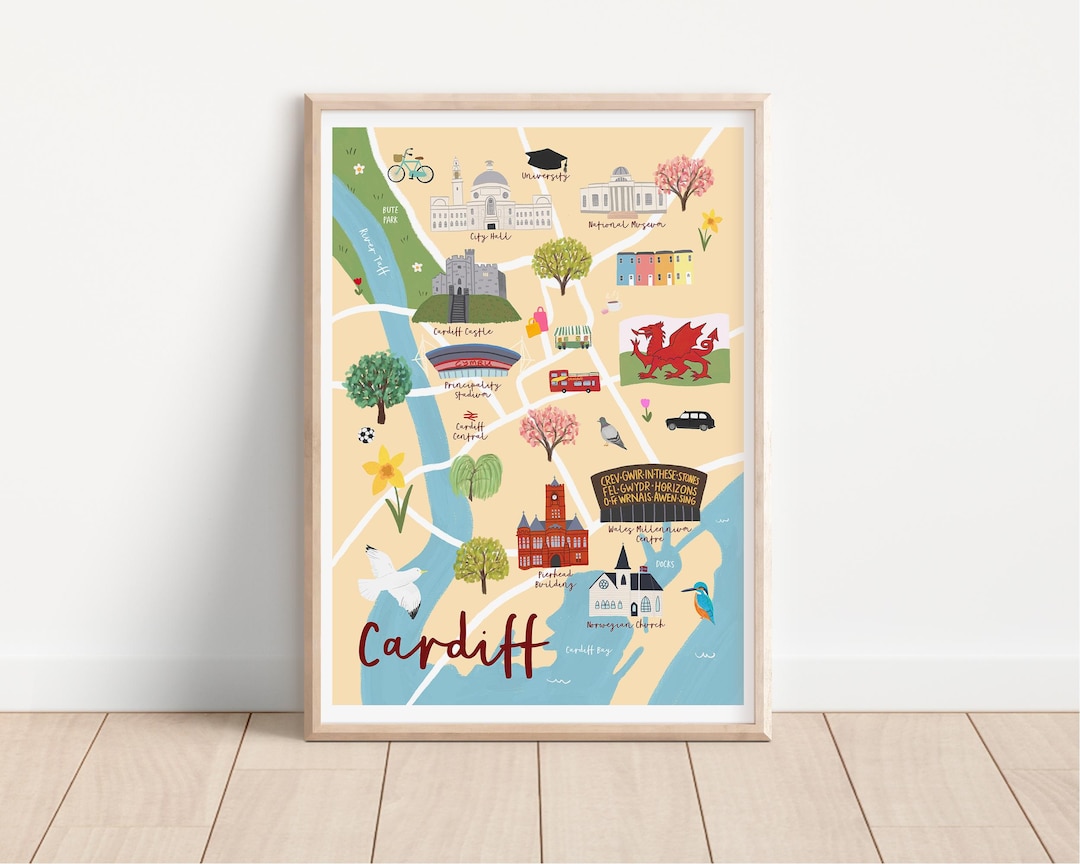 Cardiff Map Art Print - Map of Cardiff - Cardiff Illustrated Map ...