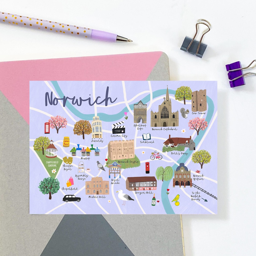 Norwich Map Postcard - Norwich Map Card - Norwich Gift - Norwich City Map Postcard - Norwich ...