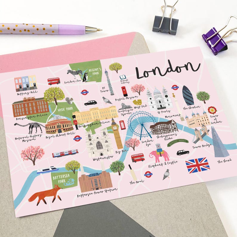 London Map Postcard - London Map Illustration - London Art Print ...