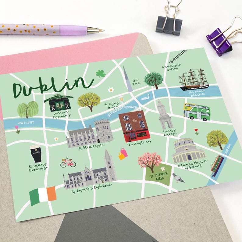 Dublin Map Postcard - Map of Dublin Postcard - Illustrated Dublin Map ...