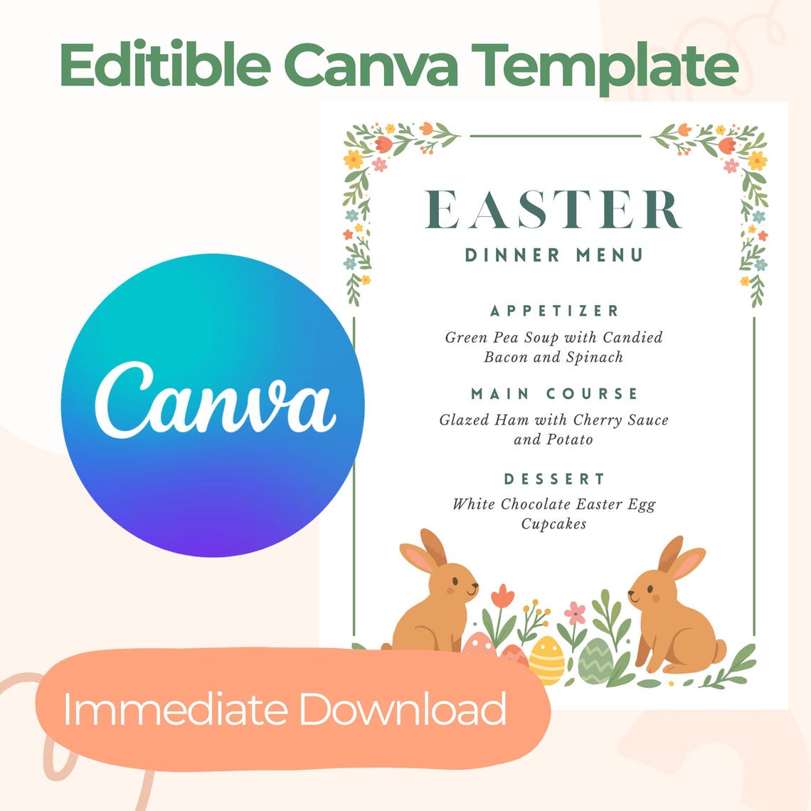Editable Easter Dinner Menu Template for Canva | Cute Bunny Design | 8. ...