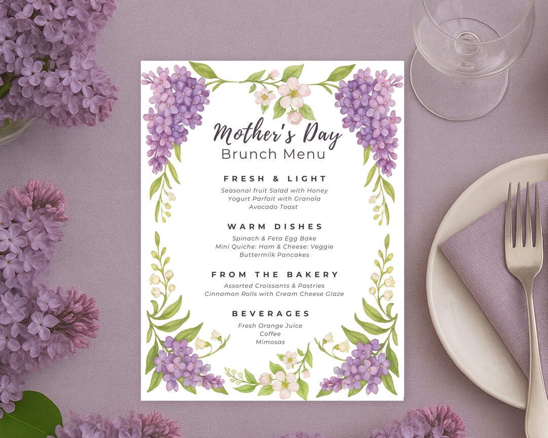 Editable Lilac Menu Template for Canva Mother’s Day Brunch, Easter ...