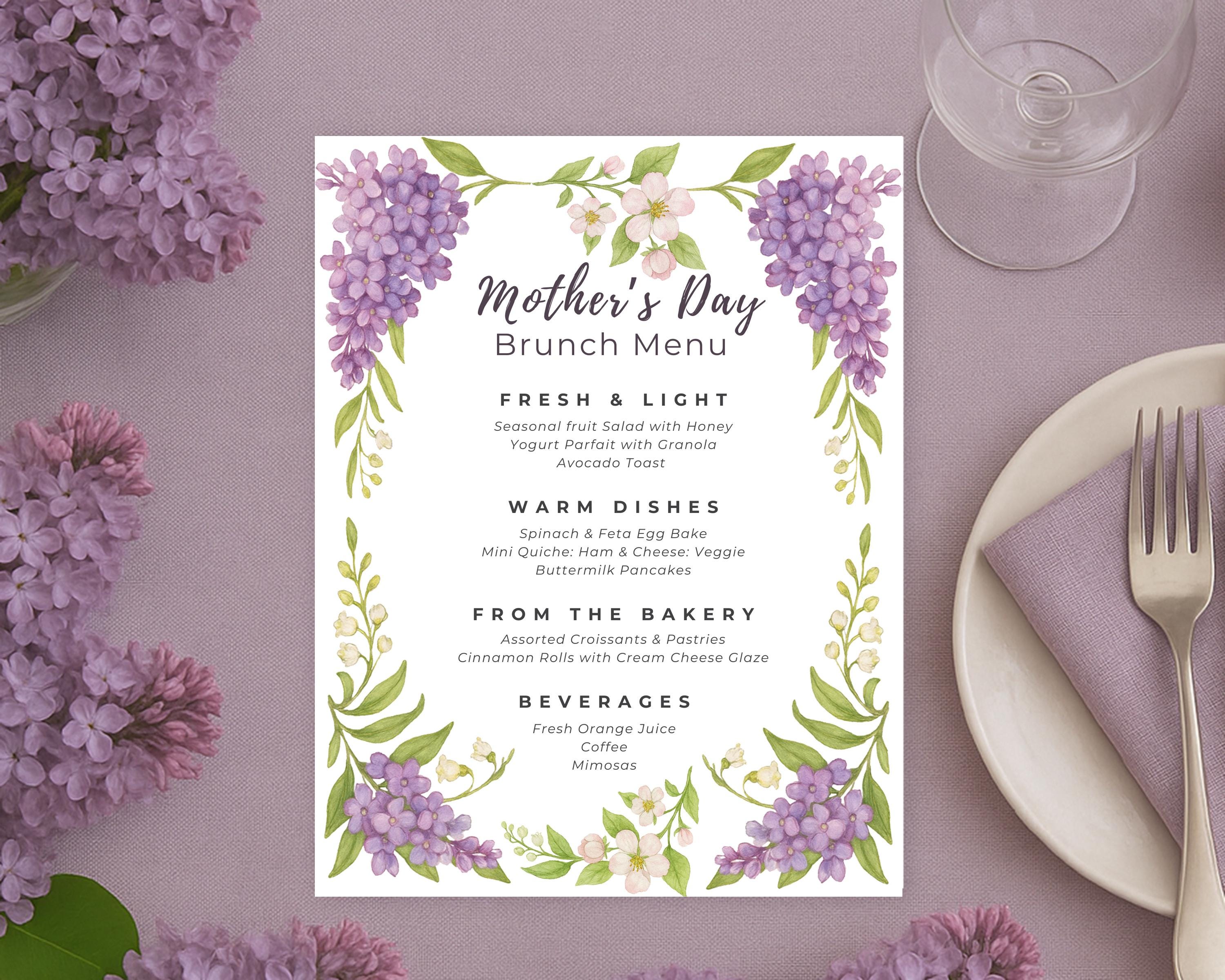 Editable Lilac Menu Template for Canva Mother’s Day Brunch, Easter ...