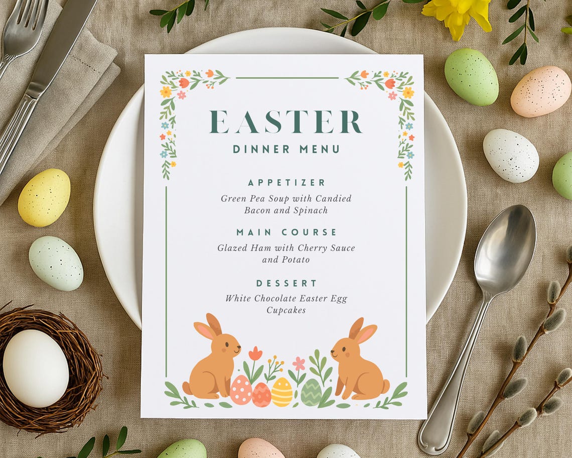 Editable Easter Dinner Menu Template for Canva | Cute Bunny Design | 8. ...
