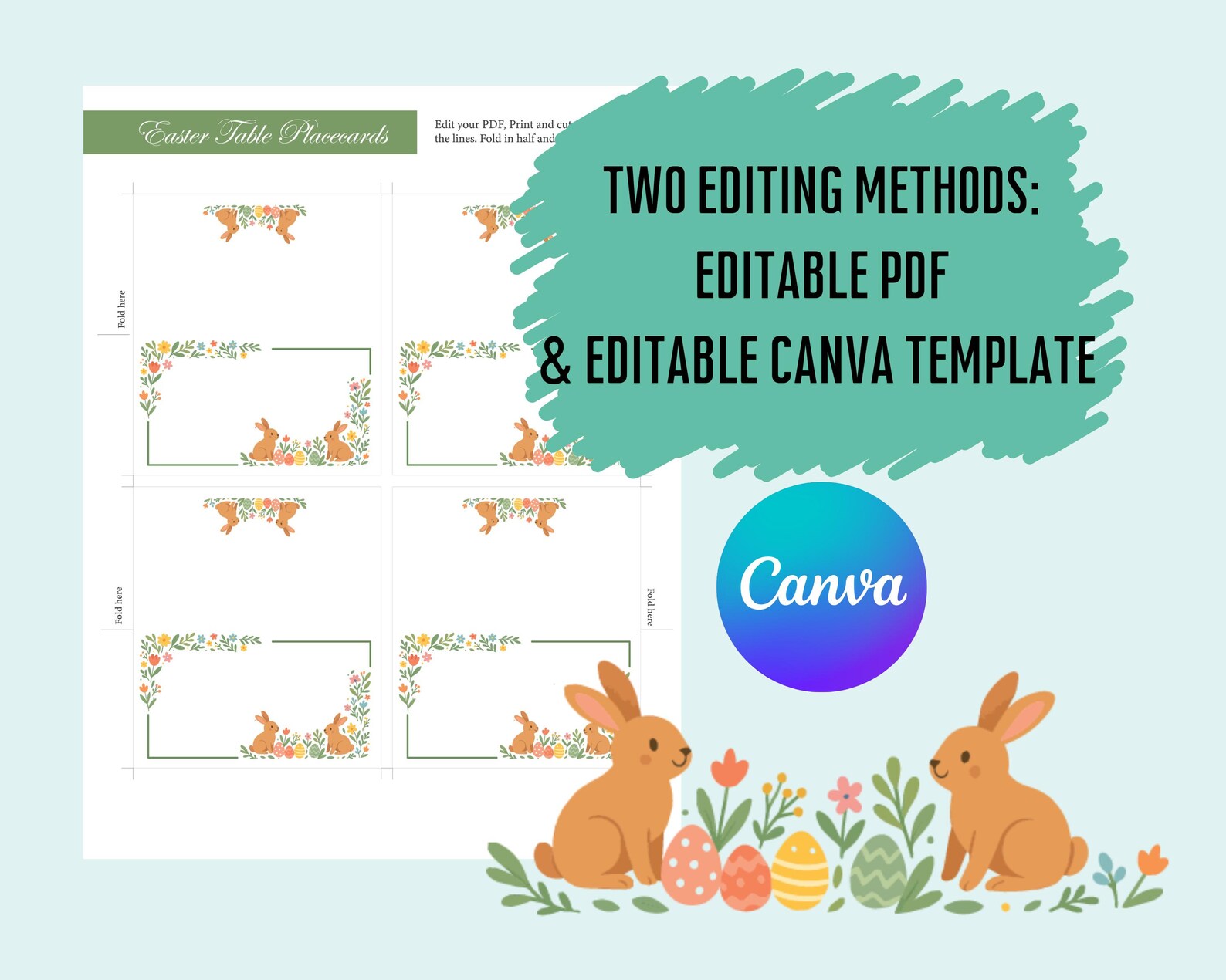 Bunny Easter Place Cards – Printable, Editable Table Tent (canva & PDF ...