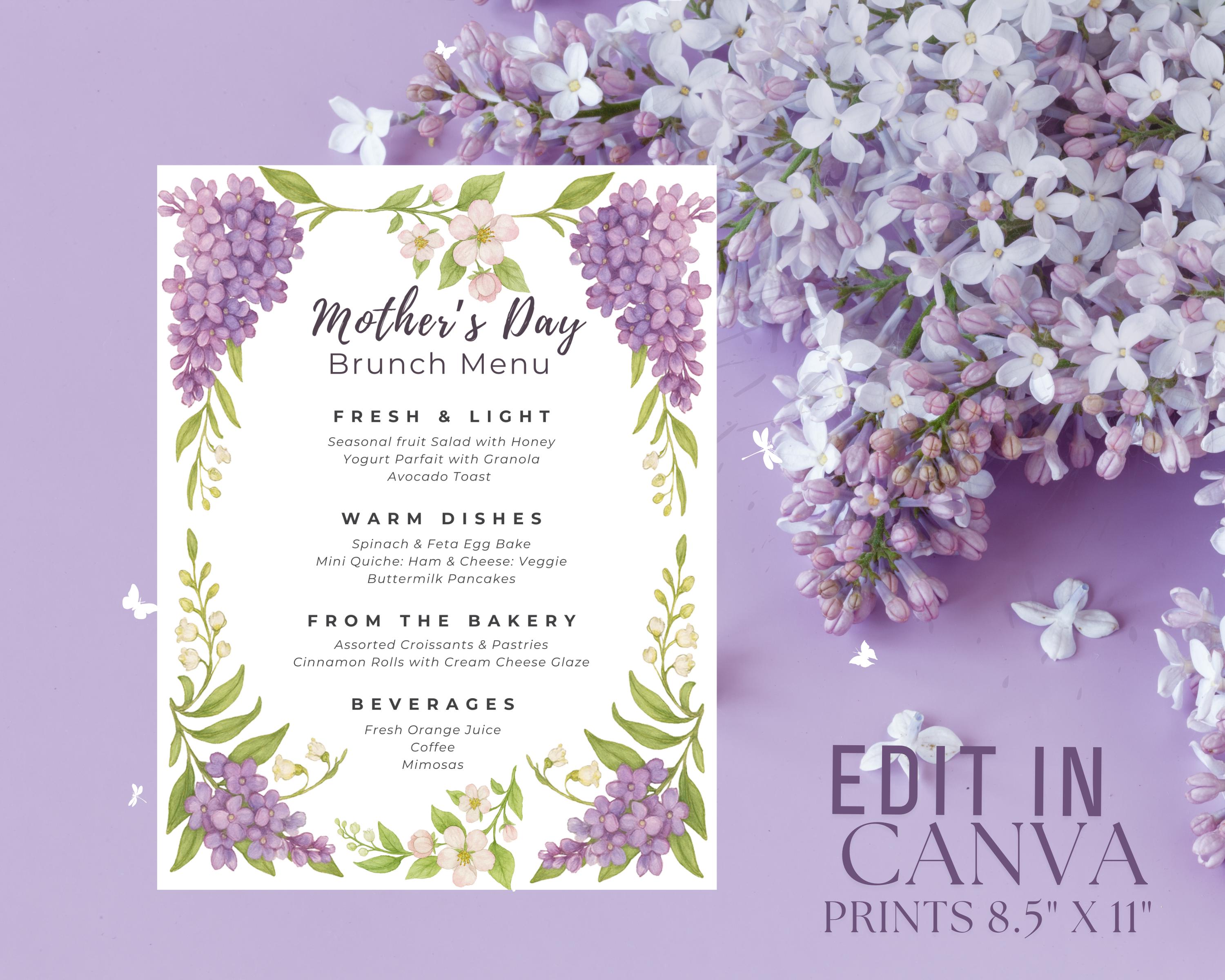 Editable Lilac Menu Template for Canva Mother’s Day Brunch, Easter ...
