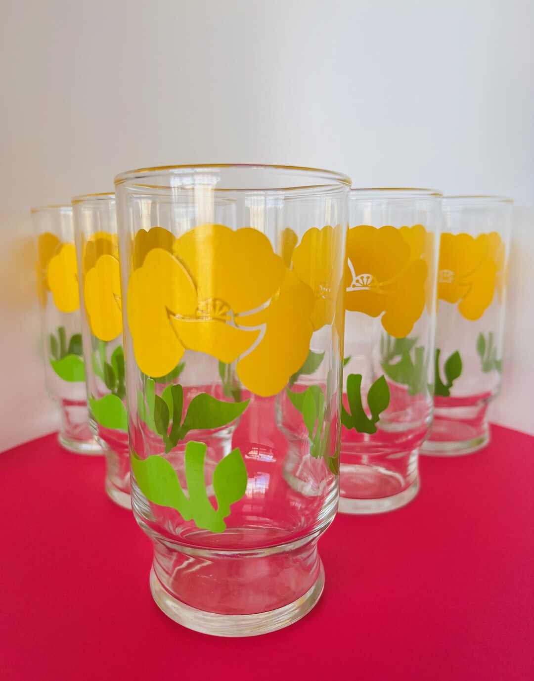 Set of 5 Anchor Hocking Yellow Foxy Flowers Poppy Water Tumblers ...