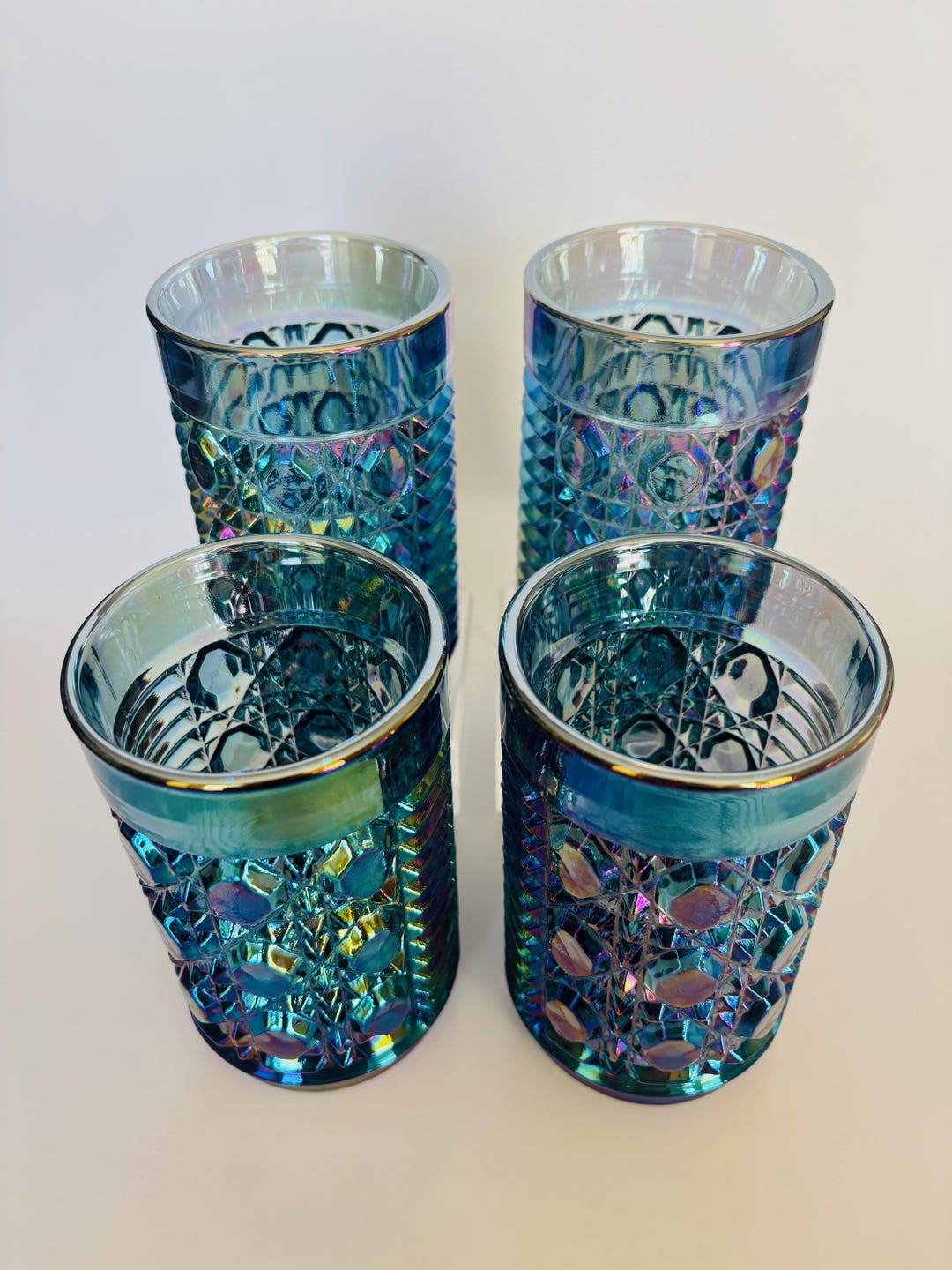 Vintage Set of 4 Windsor Iridescent Blue Carnival Glass Tumblers ...