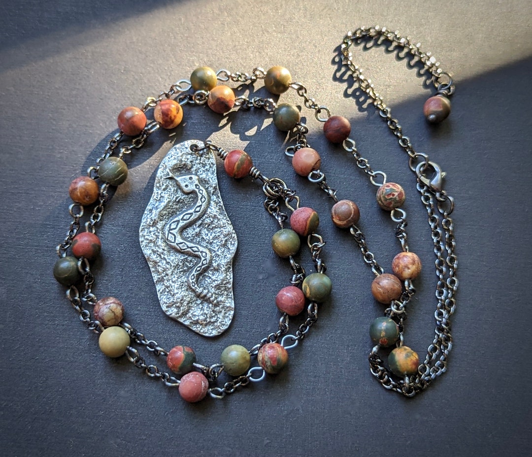 Primitive Rattlesnake Pendant With Matte Jasper Beaded Chain / Long ...