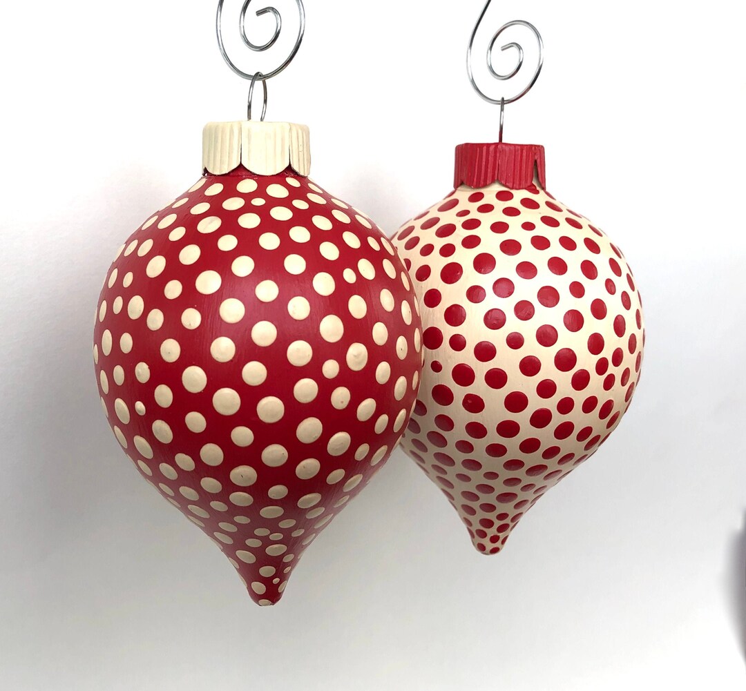 Red & White Dot Ornaments, Pair of Hand Painted Pop Art Teardrop ...