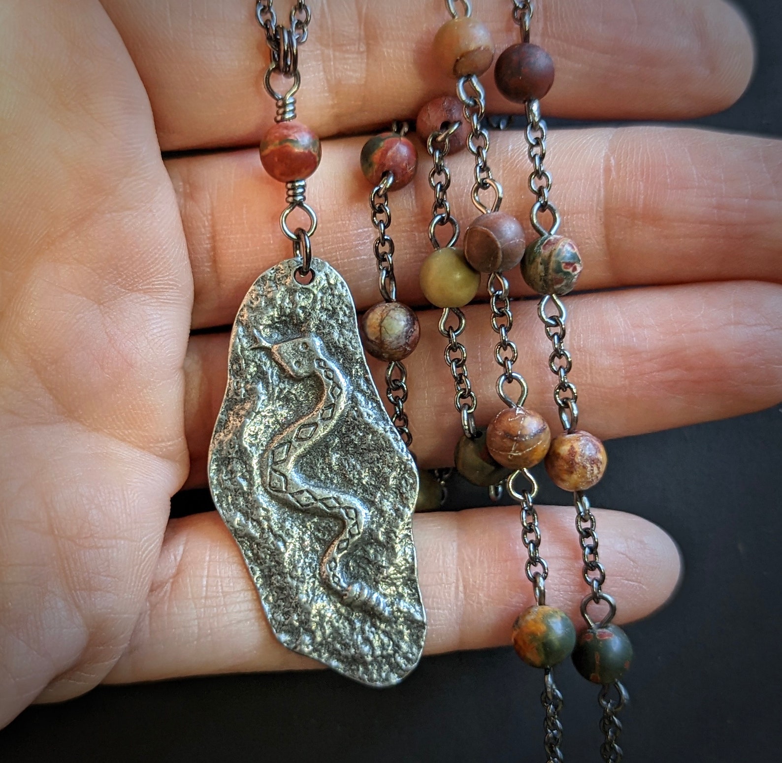 Primitive Rattlesnake Pendant With Matte Jasper Beaded Chain / Long ...