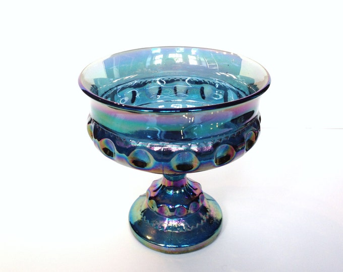 Vintage Blue Carnival Glass Candy Dish Thumbprint Indiana Company Jewelry Dish Iridescent Footed