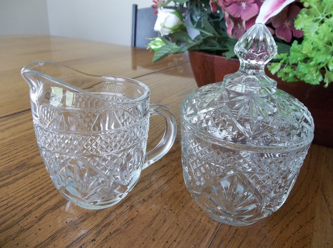 Diamond and Pineapple Fan Pressed Glass/creamer /sugar Bowl /70's - Etsy