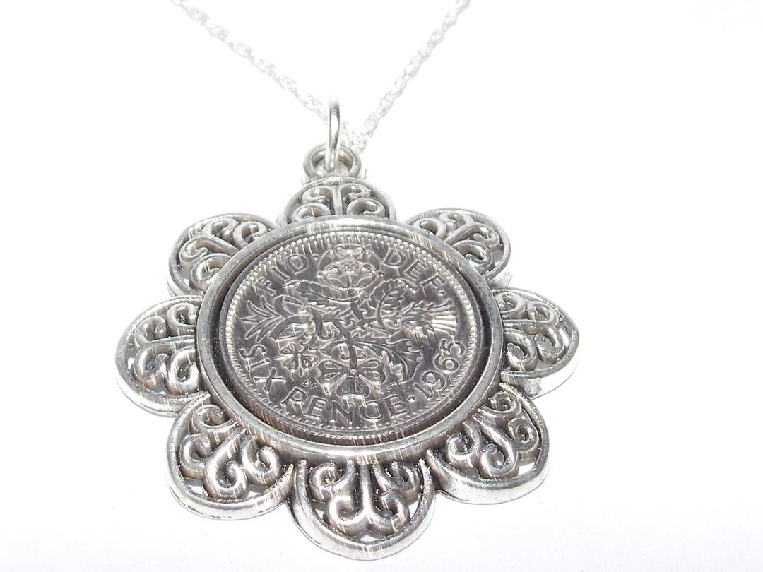 1965 Sixpence Floral Coin Pendant: 60th Birthday Gift, Sterling Silver ...