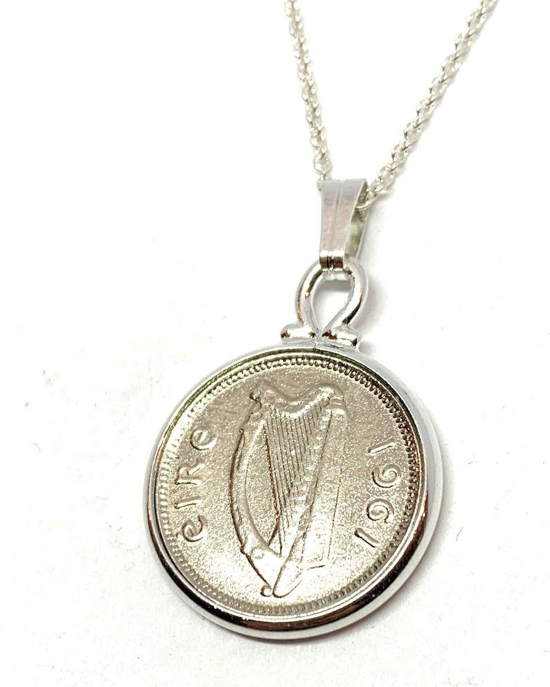 1961 Irish Threepence Coin Pendant: 65th Birthday Gift, Sterling Silver ...