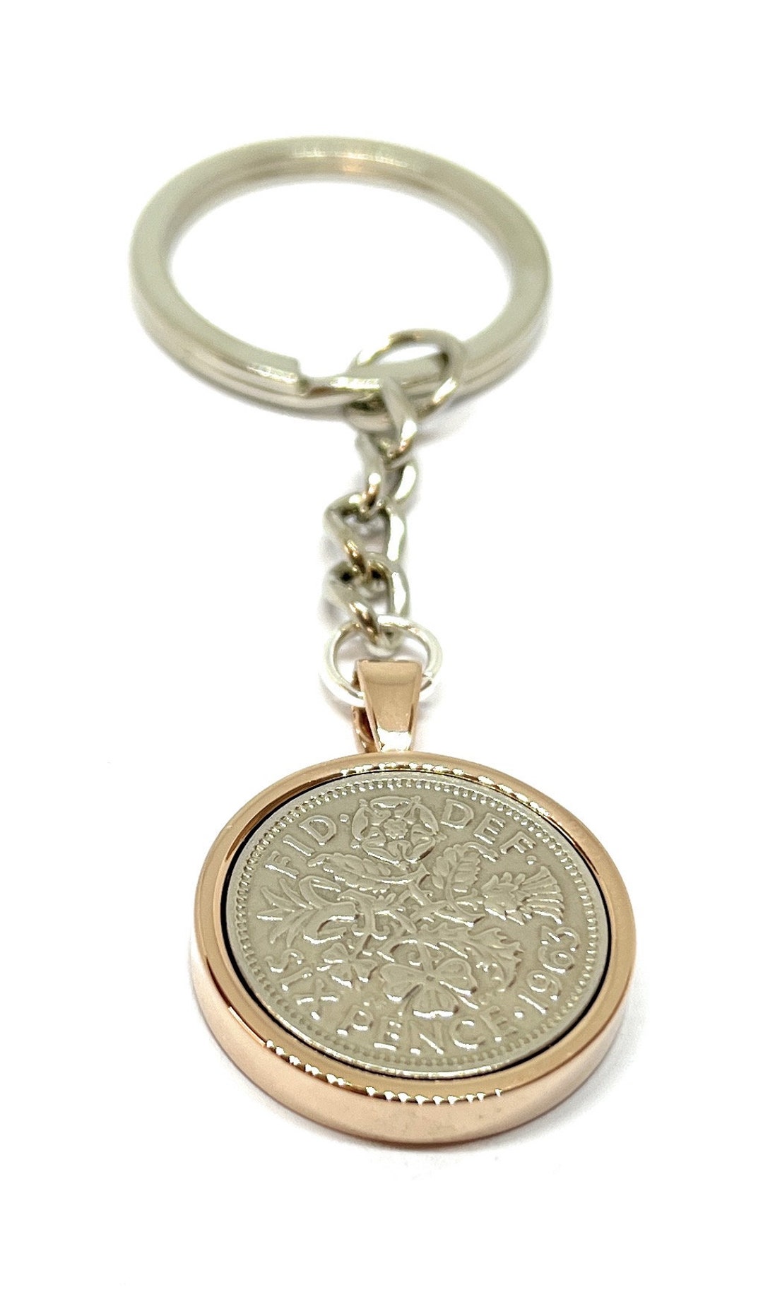 1963 62nd Birthday Gift Sixpence Coin Keyring: Rose Gold Plated Mounts ...