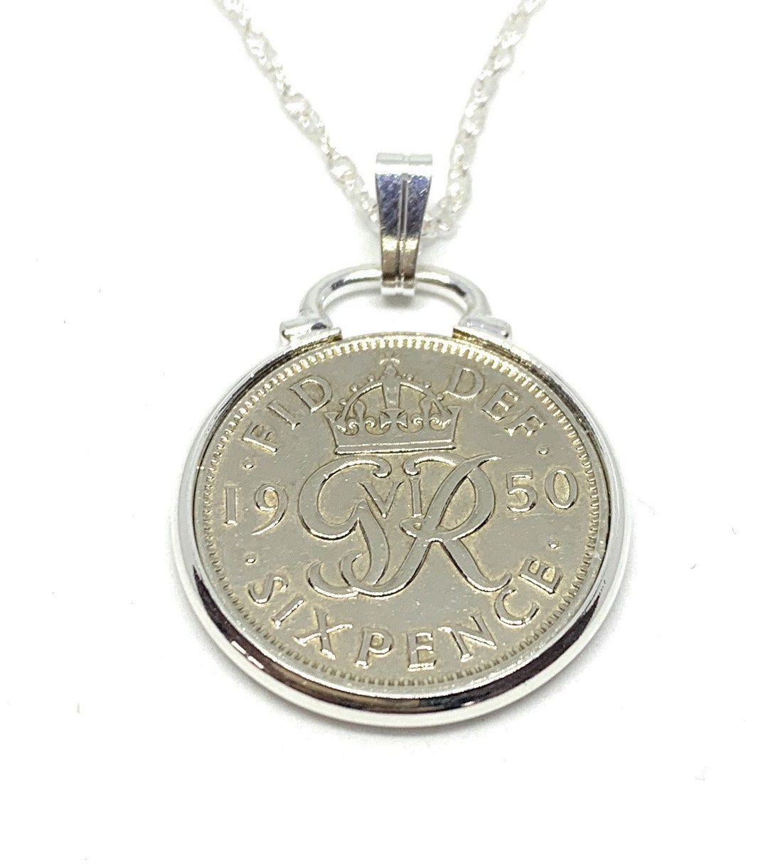 1950 Sixpence Coin Pendant: 76th Birthday Gift, Sterling Silver Chain ...
