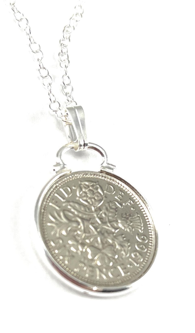 1966 Sixpence Coin Pendant: 60th Birthday Gift, Sterling Silver Chain ...