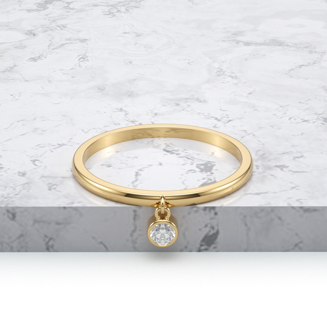 Dangling Diamond Charm Ring/ Single Diamond Bezel Set Ring/ Single ...