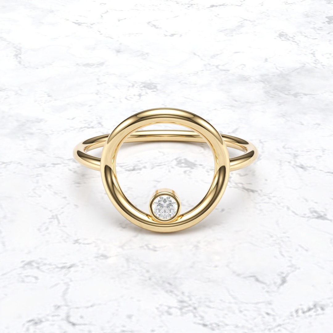Open Circle Diamond Gold Ring/ Real Gold Stylish Ring/ Bezel Set Single ...