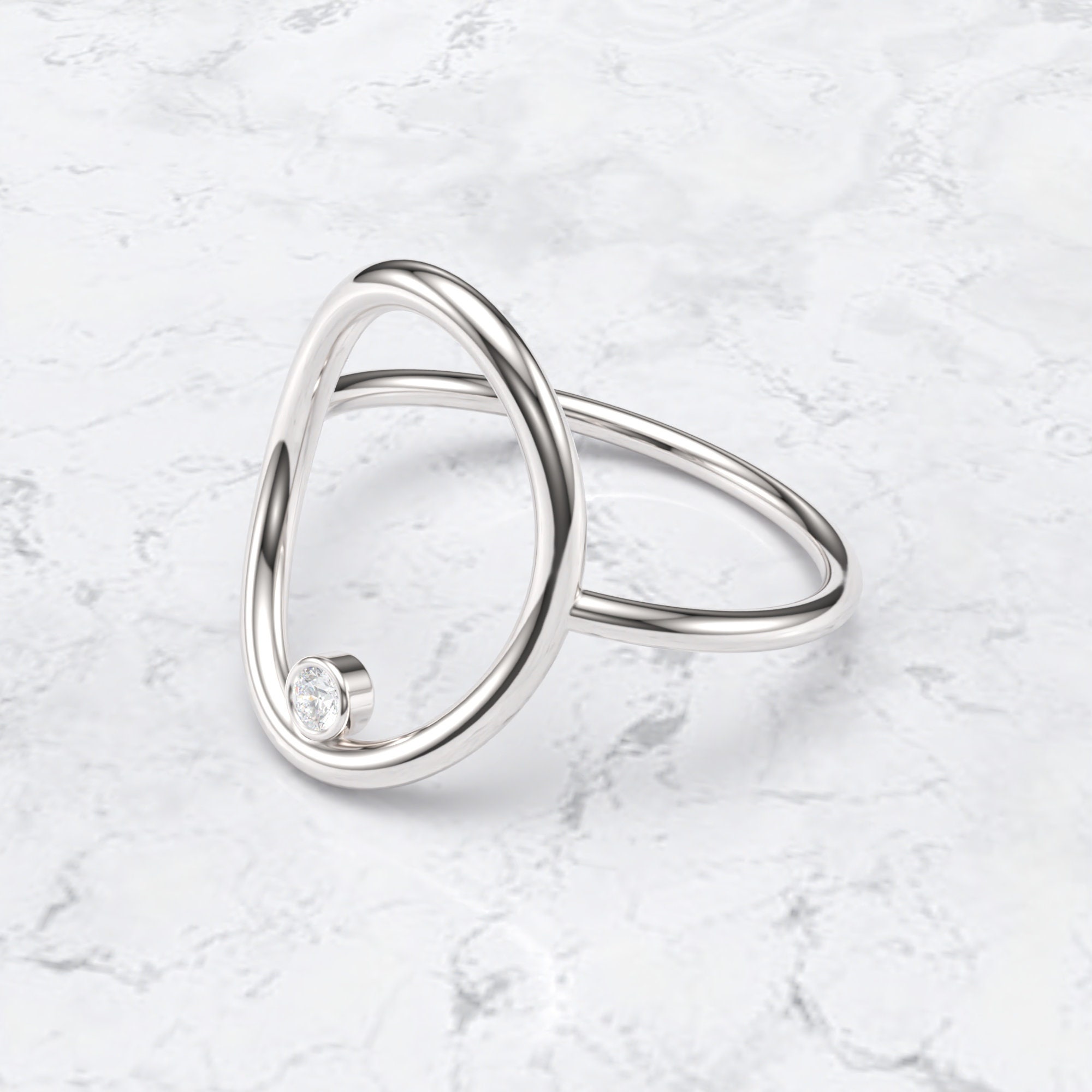 Open Oval Diamond Gold Ring/ Real Gold Stylish Ring/ Bezel Set Single ...