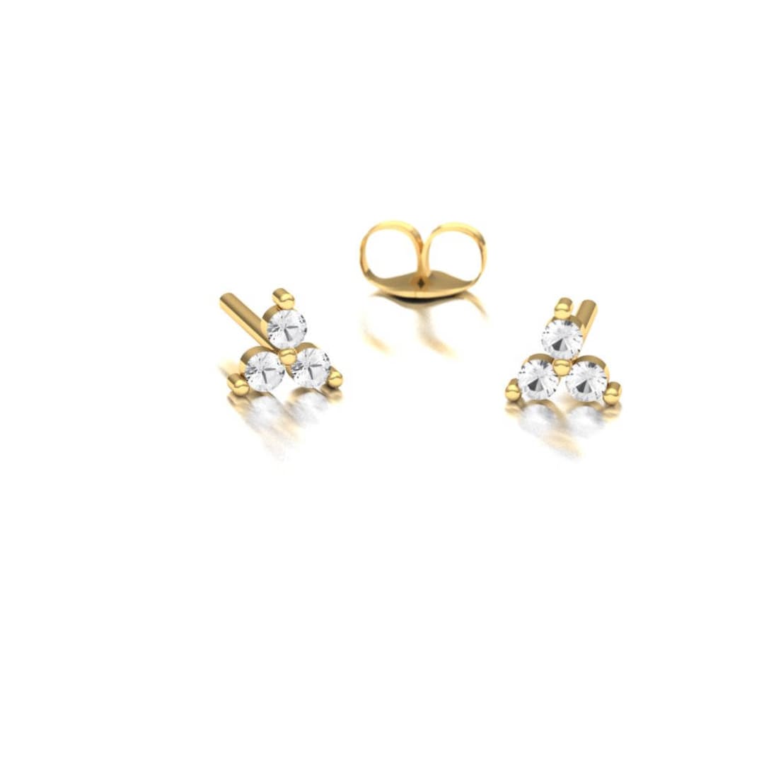 Triangle Diamond Stud/ Three Stone Diamond Earring/ 14k Gold Shared ...
