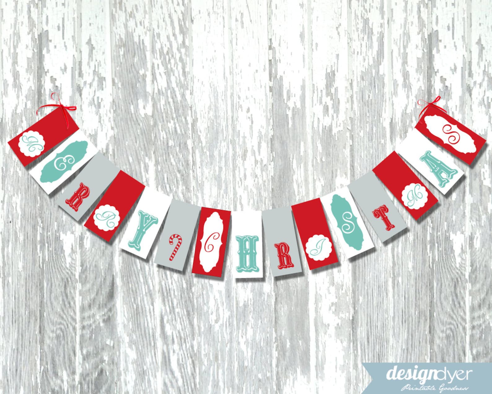 Merry Christmas Holiday DIY Printable Banner in Red & Mint Green ...