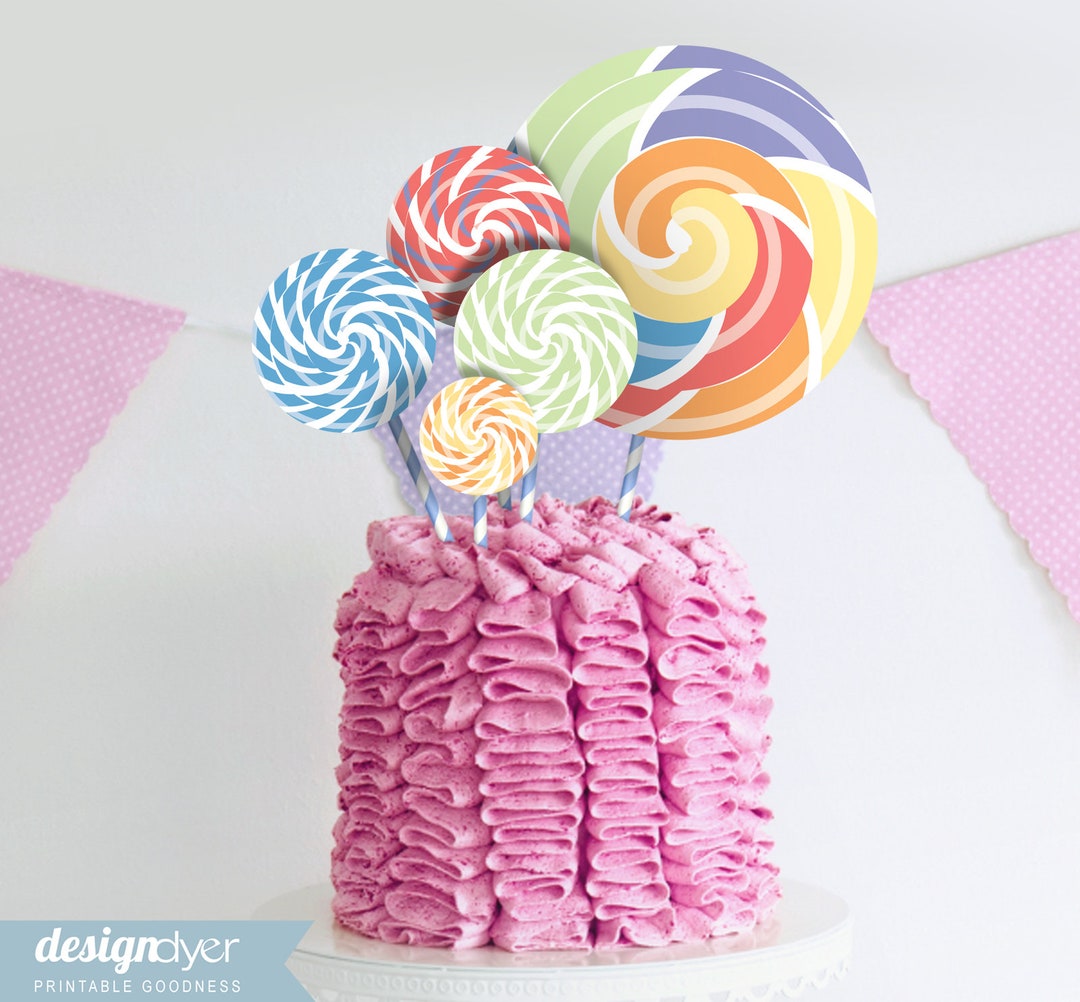 Rainbow Swirl Lollipops Printable Cake Toppers Garland Cupcake Toppers ...