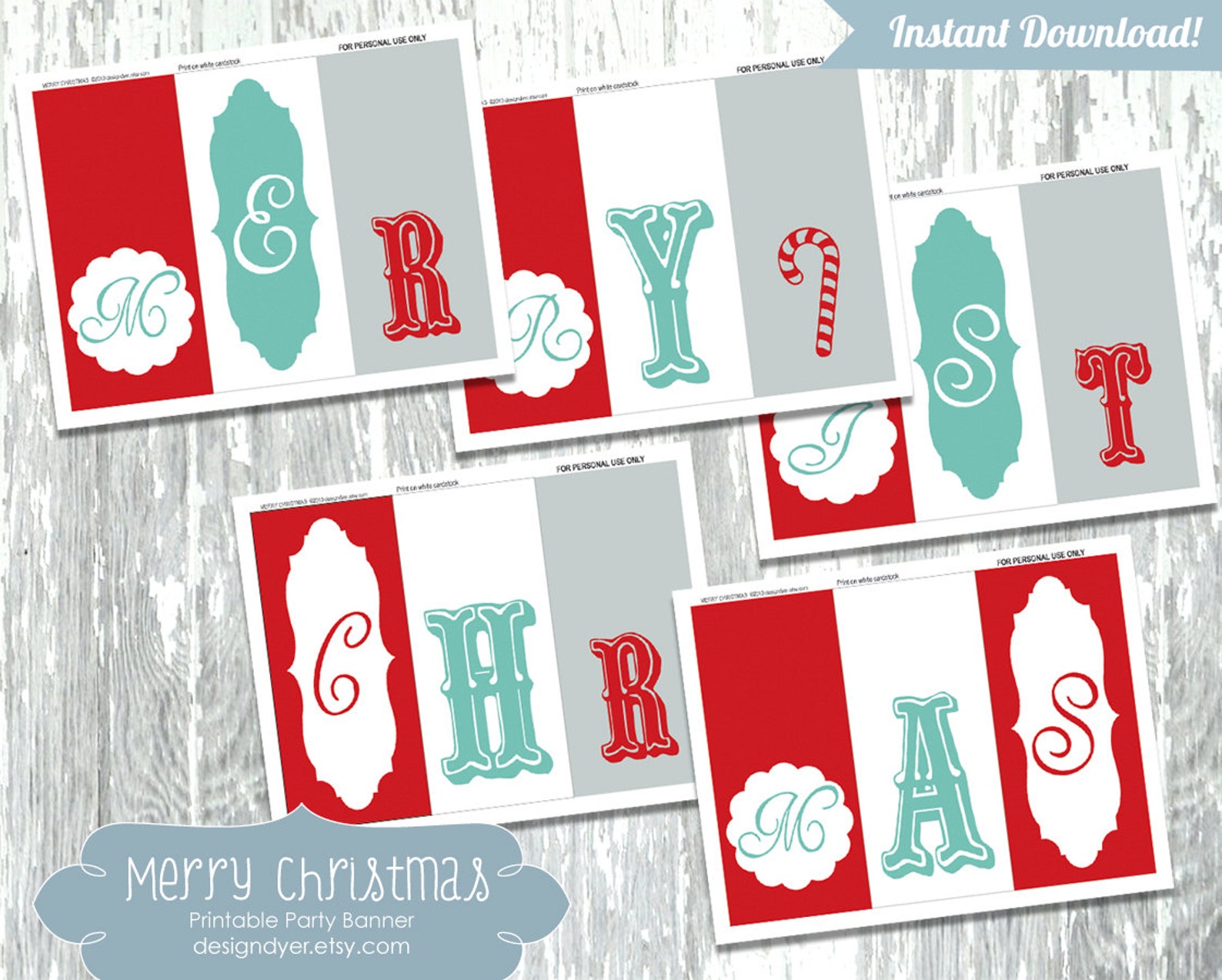 Merry Christmas Holiday DIY Printable Banner in Red & Mint Green ...