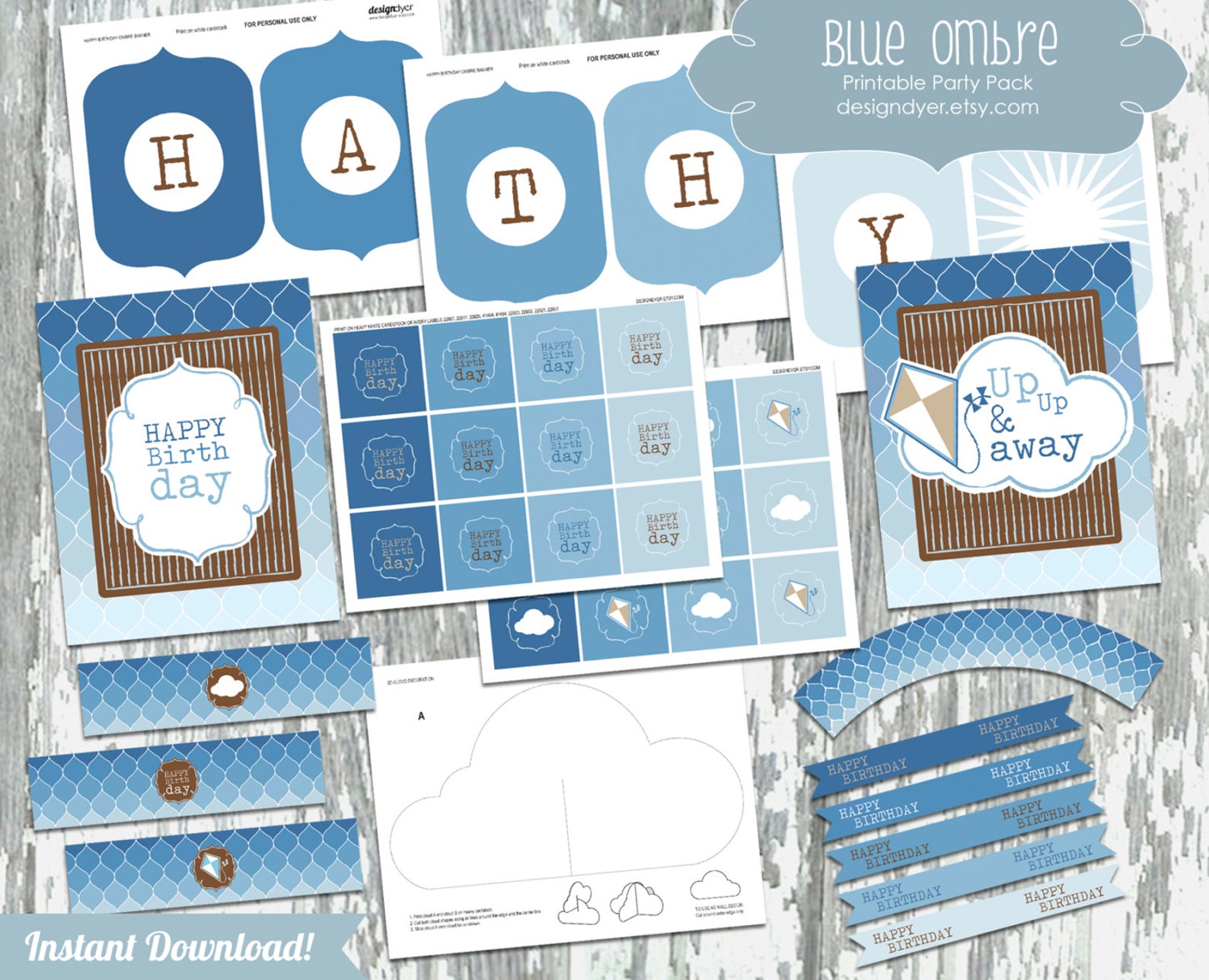Printable Party Pack Blue Ombre INSTANT DOWNLOAD Clouds and - Etsy