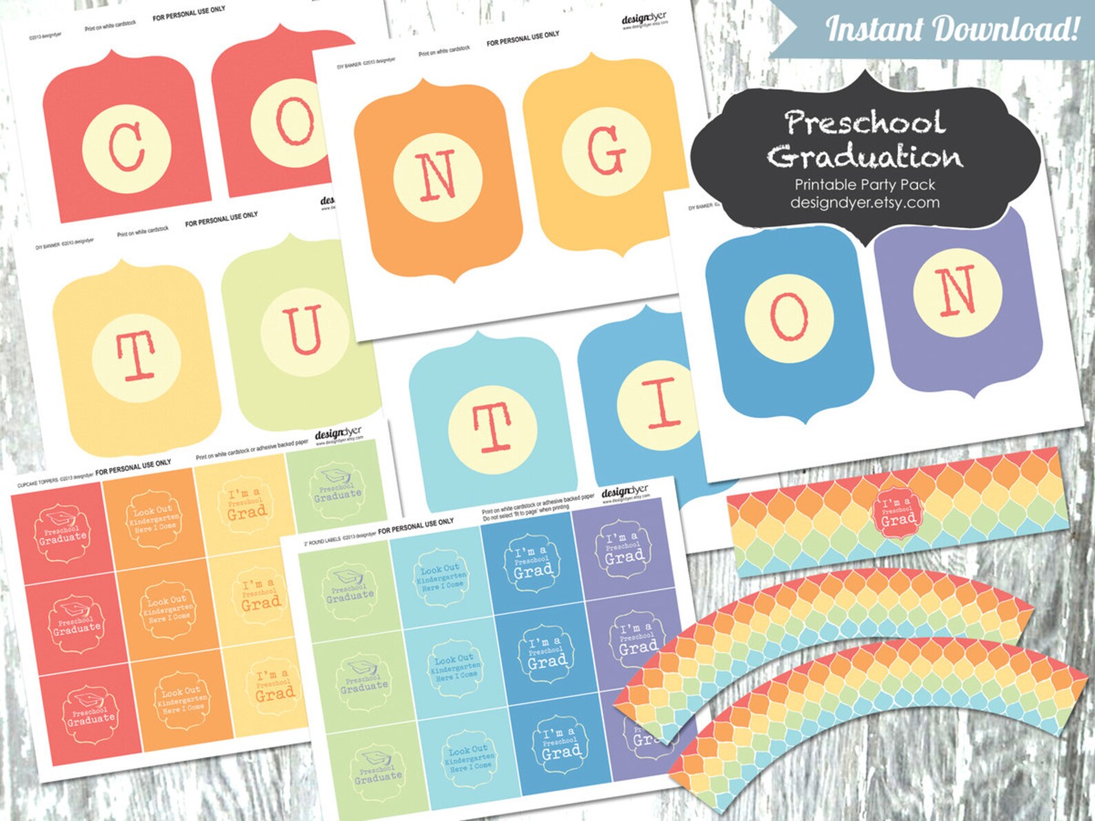 Preschool Graduation Printable Party INSTANT DOWNLOAD Rainbow Banner ...