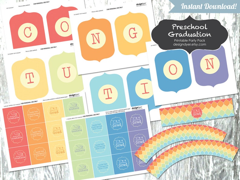 Preschool Graduation Printable Party INSTANT DOWNLOAD Rainbow Banner ...