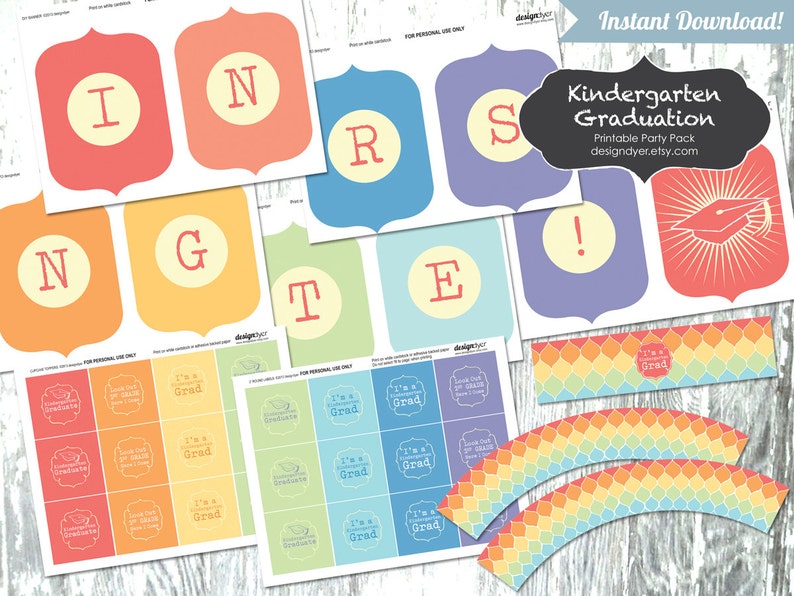 Kindergarten Graduation Printable Party INSTANT DOWNLOAD Rainbow Banner ...