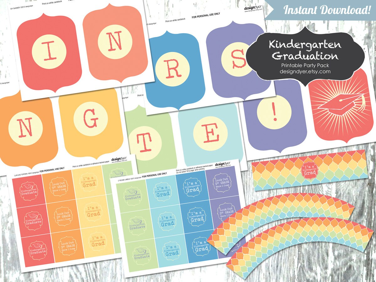 Kindergarten Graduation Printable Party INSTANT DOWNLOAD Rainbow Banner ...