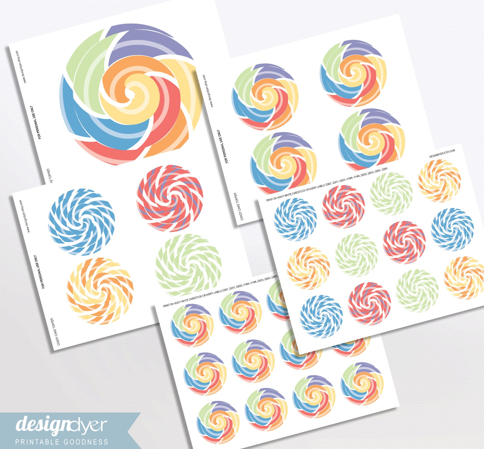 Rainbow Swirl Lollipops Printable Cake Toppers Garland Cupcake Toppers ...
