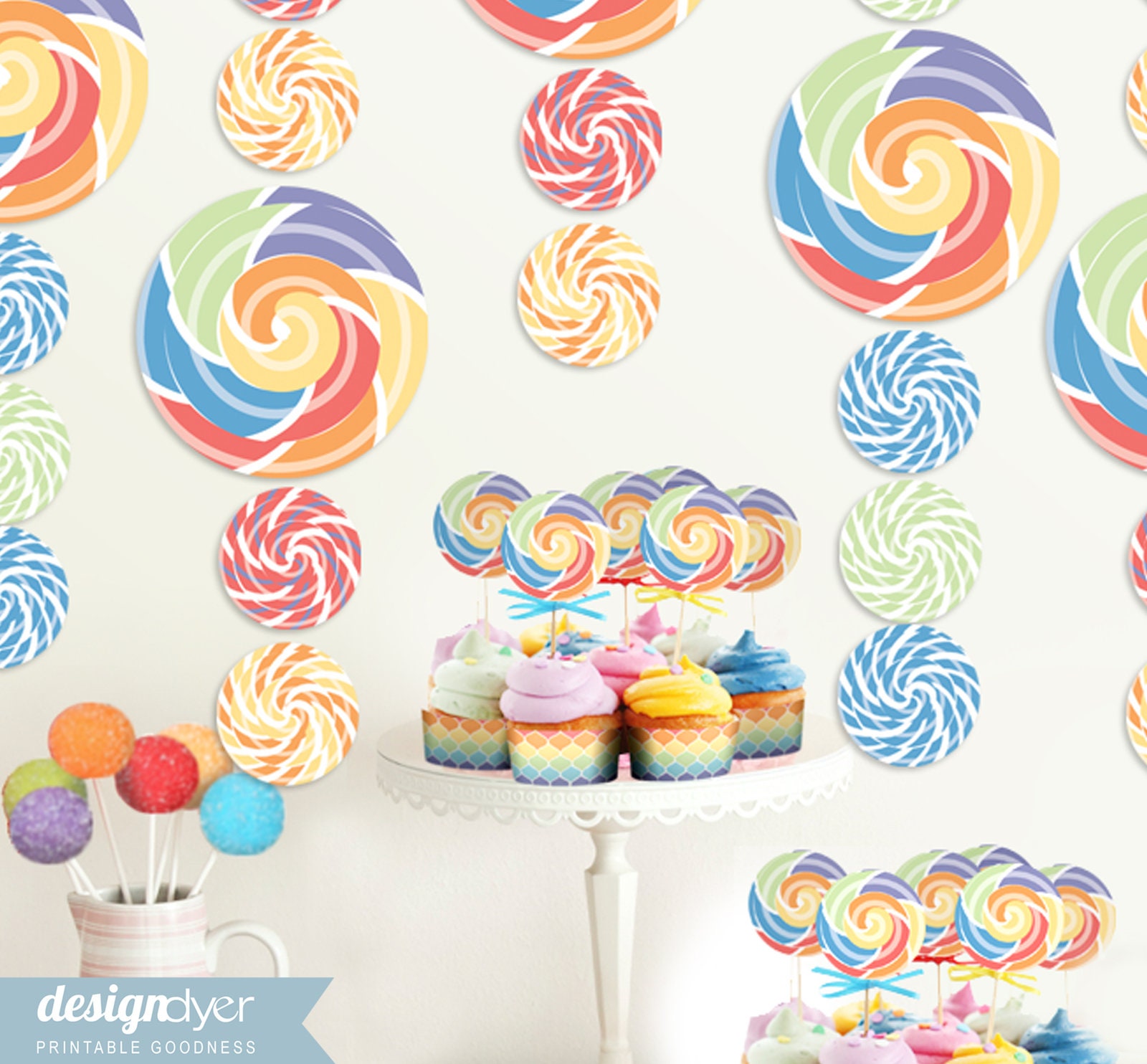 Rainbow Swirl Lollipops Printable Cake Toppers Garland Cupcake Toppers ...