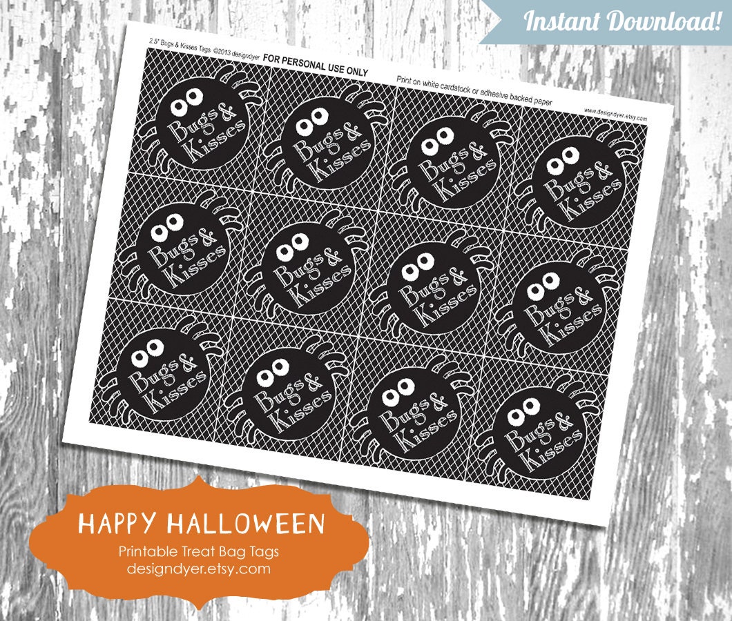 Halloween Printable Bugs and Kisses Favor Treat Tags Black and - Etsy