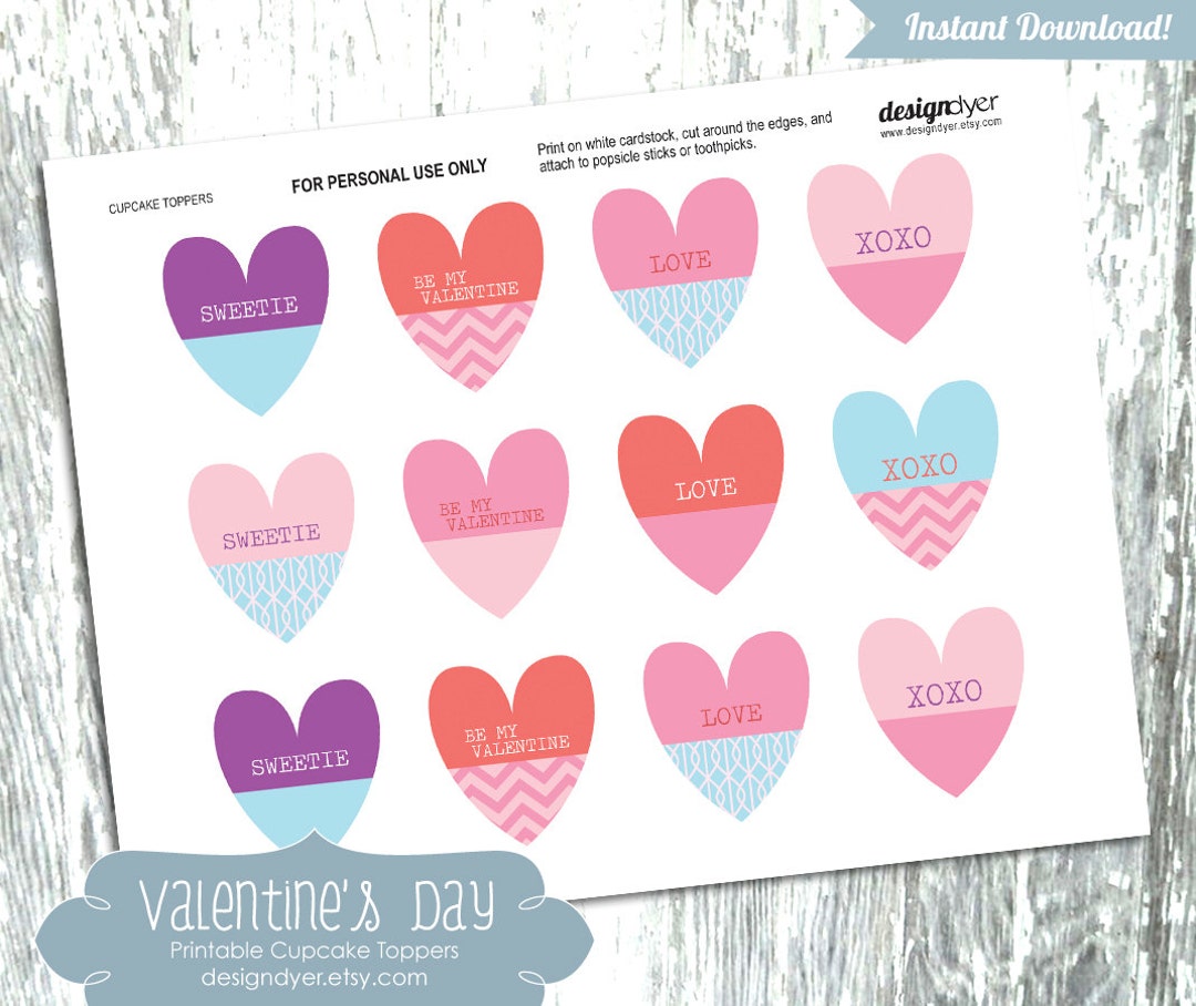 Valentine Cupcake Toppers Printable Colorful Heart Shaped Decorations ...